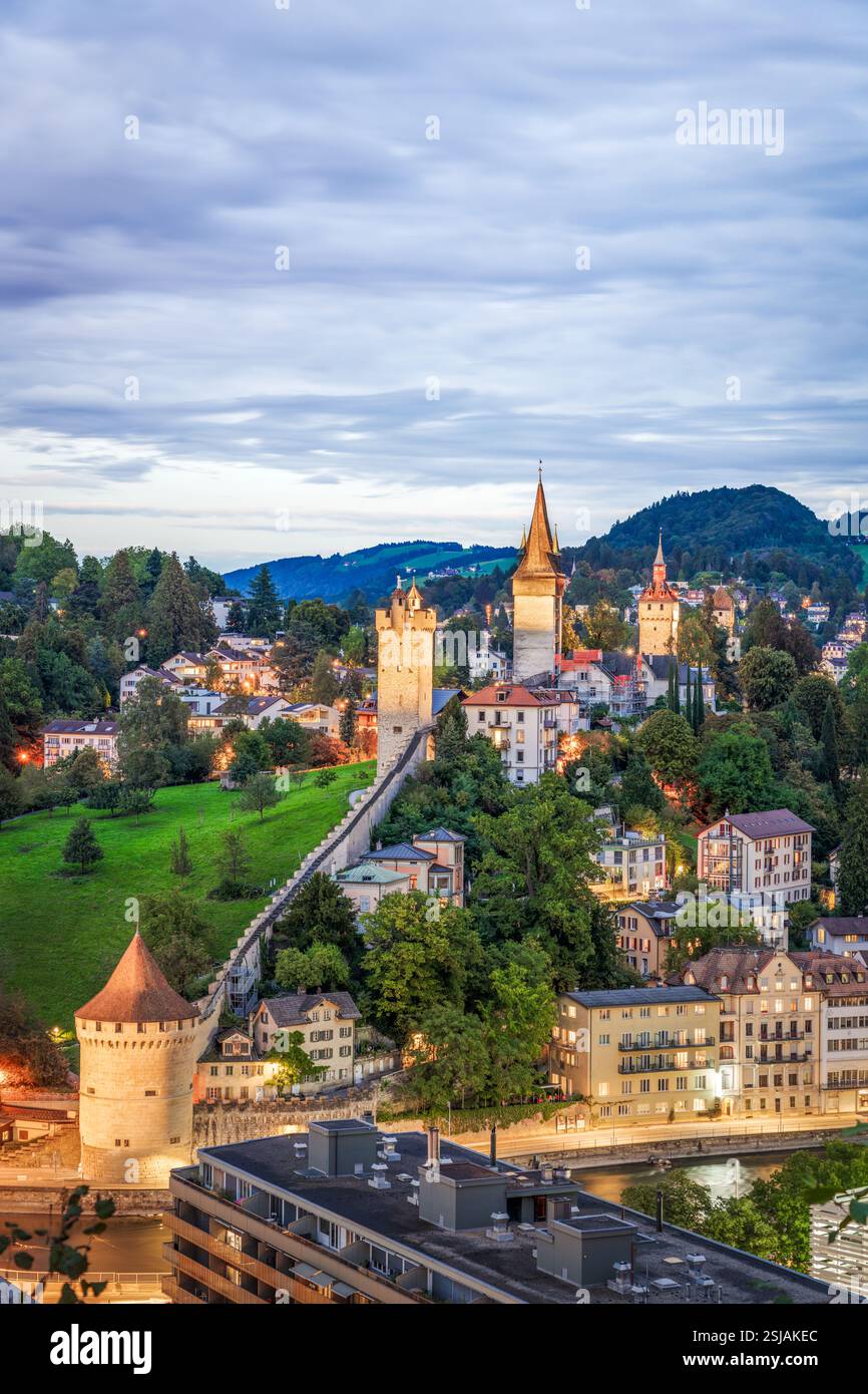 Lucerne, Switzerland medieval walls and towers at dusk Stock Photo - Alamy