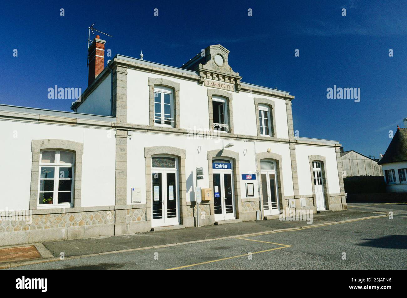 The railway station entrance building on a summer’s day in Roscoff ...