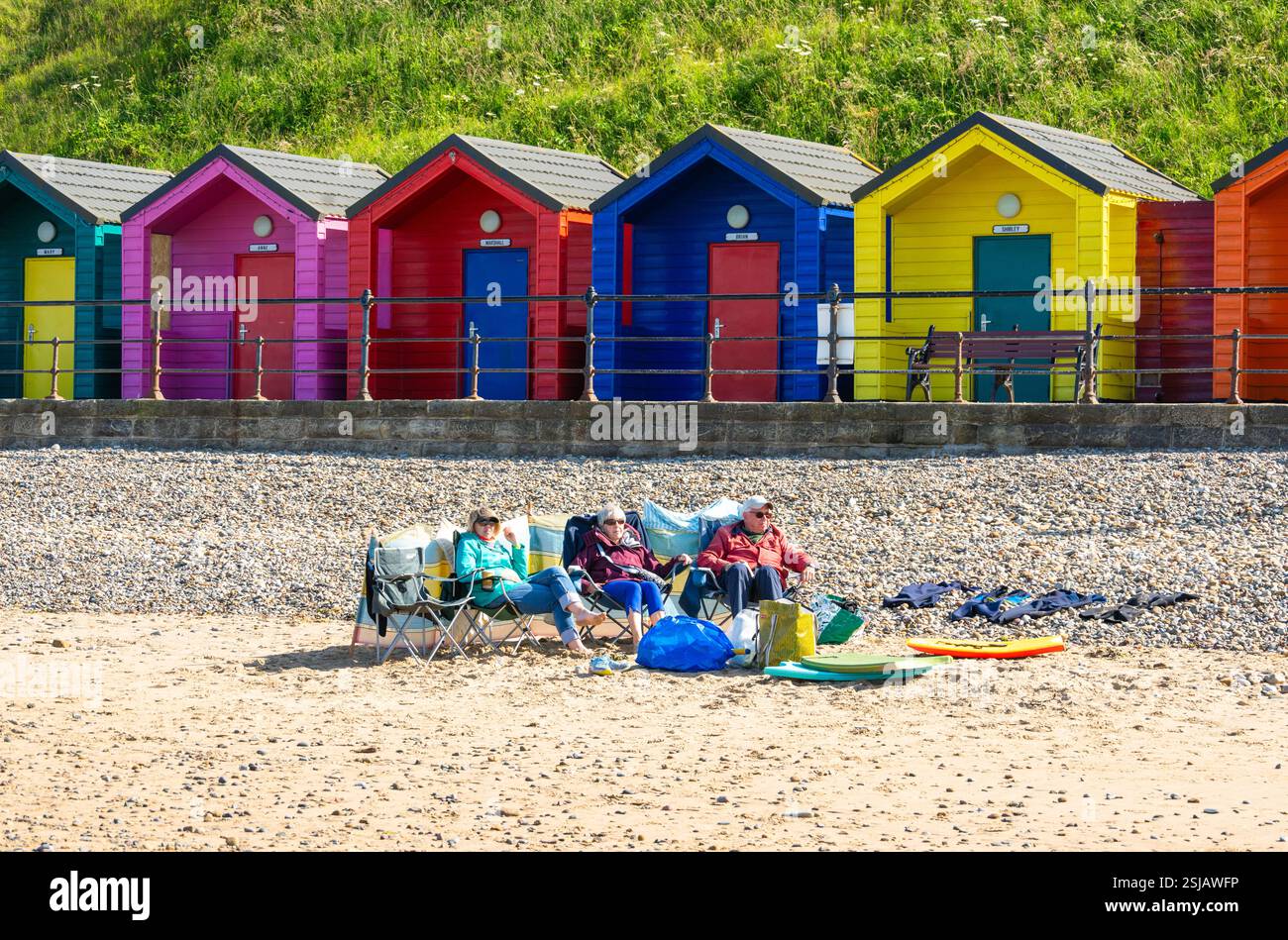 Beach huts on a beach in Saltburn, Saltburn-by-the-Sea, North Yorkshire ...