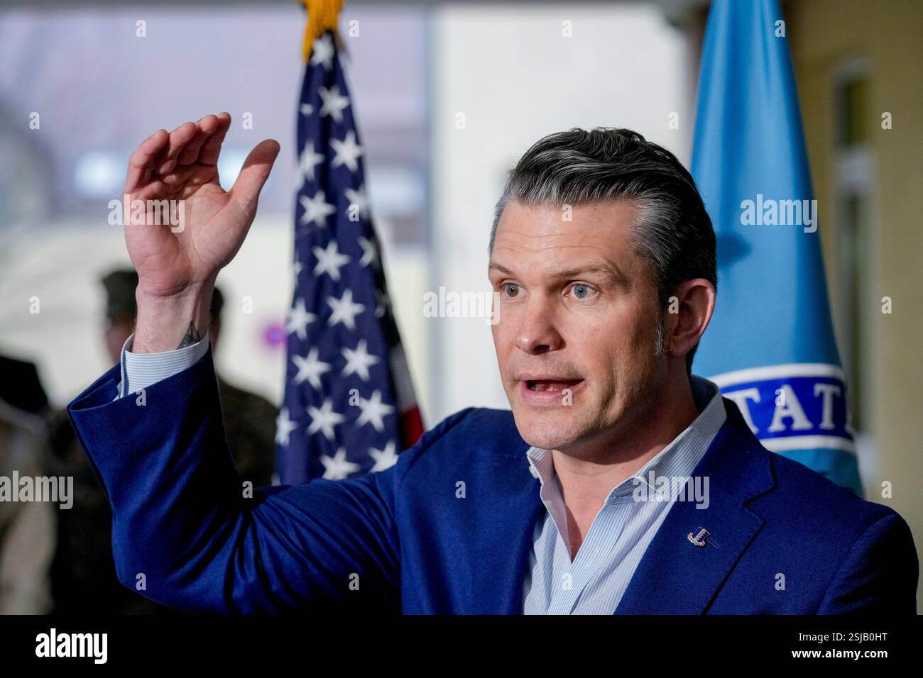 US Secretary of Defense Pete Hegseth talks to the media during his ...