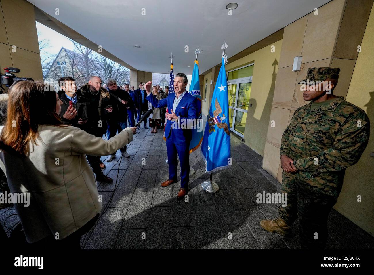 US Secretary of Defense Pete Hegseth talks to the media during his ...