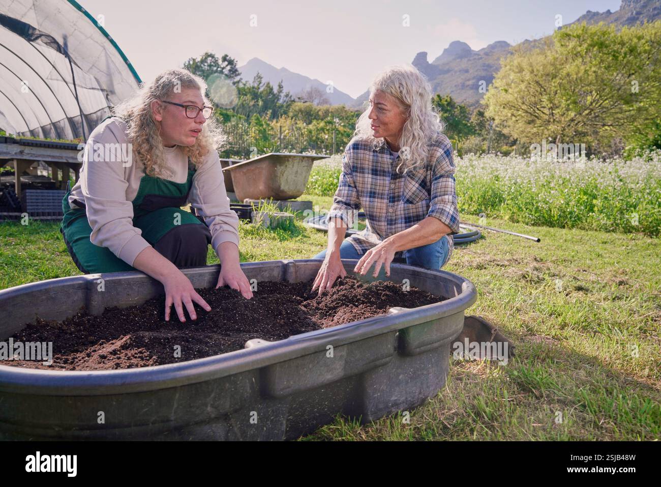 Two women planting vegetables in huge pot in garden Stock Photo - Alamy