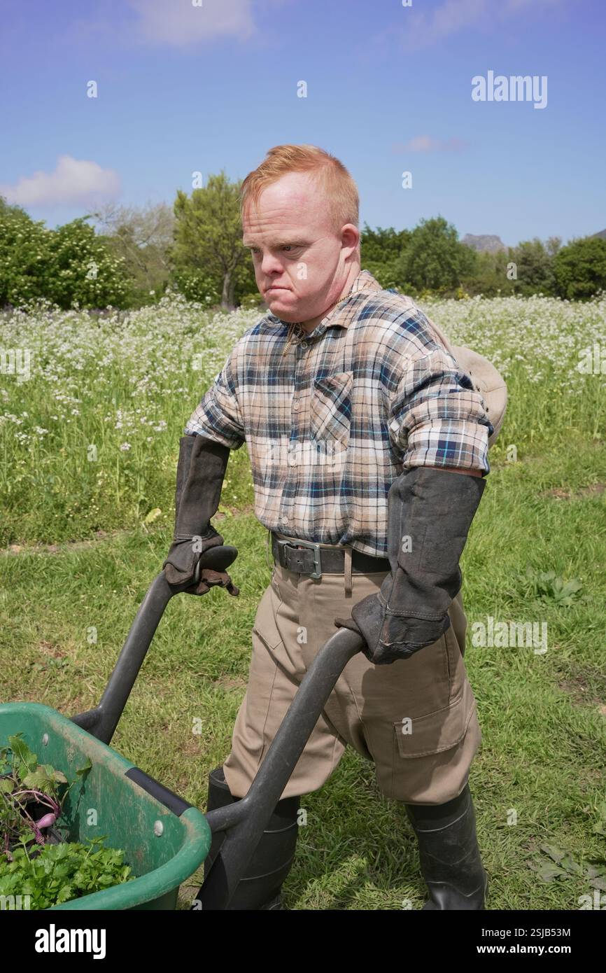 Farmer pushing wheelbarrow in garden Stock Photo - Alamy