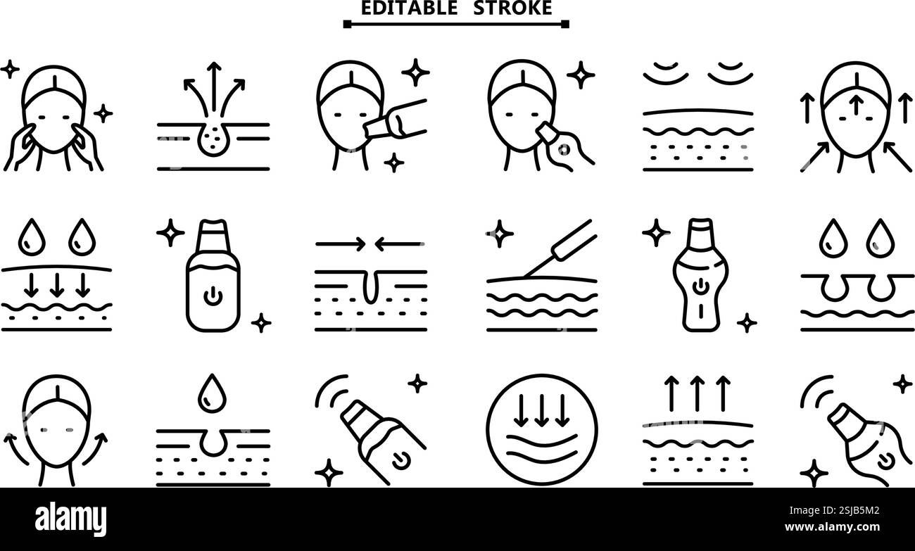 Skin Care outline icons set. Editable stroke. Facial Skin Cleaner icons ...