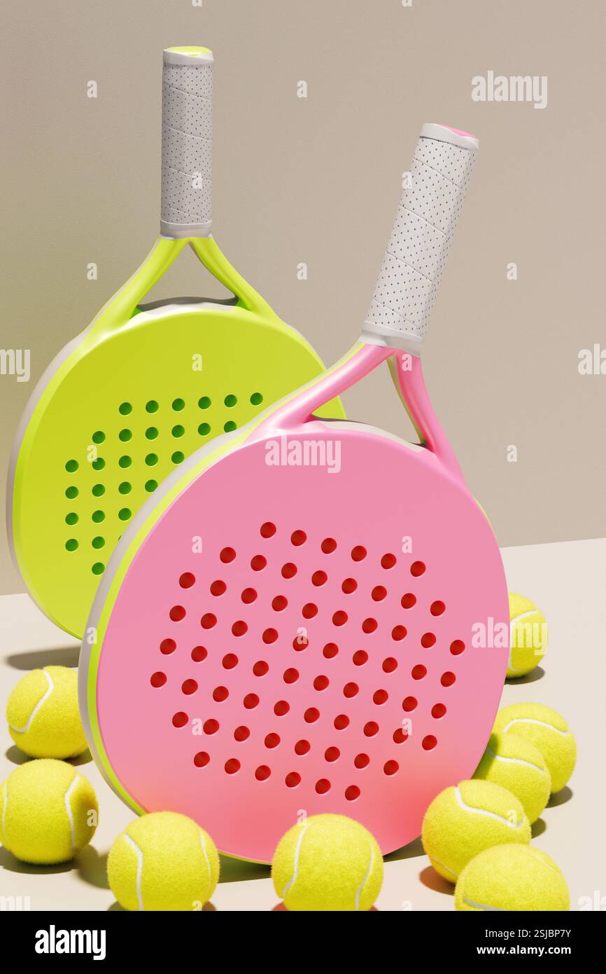 Colorful paddles padel tennis and yellow balls, perfect for a fun day ...