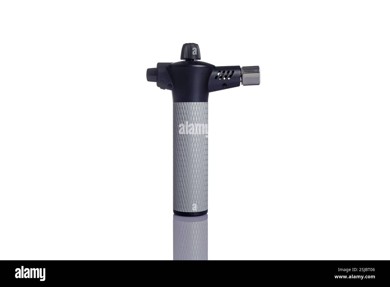 a kitchen butane torch standing a white background with some blank ...