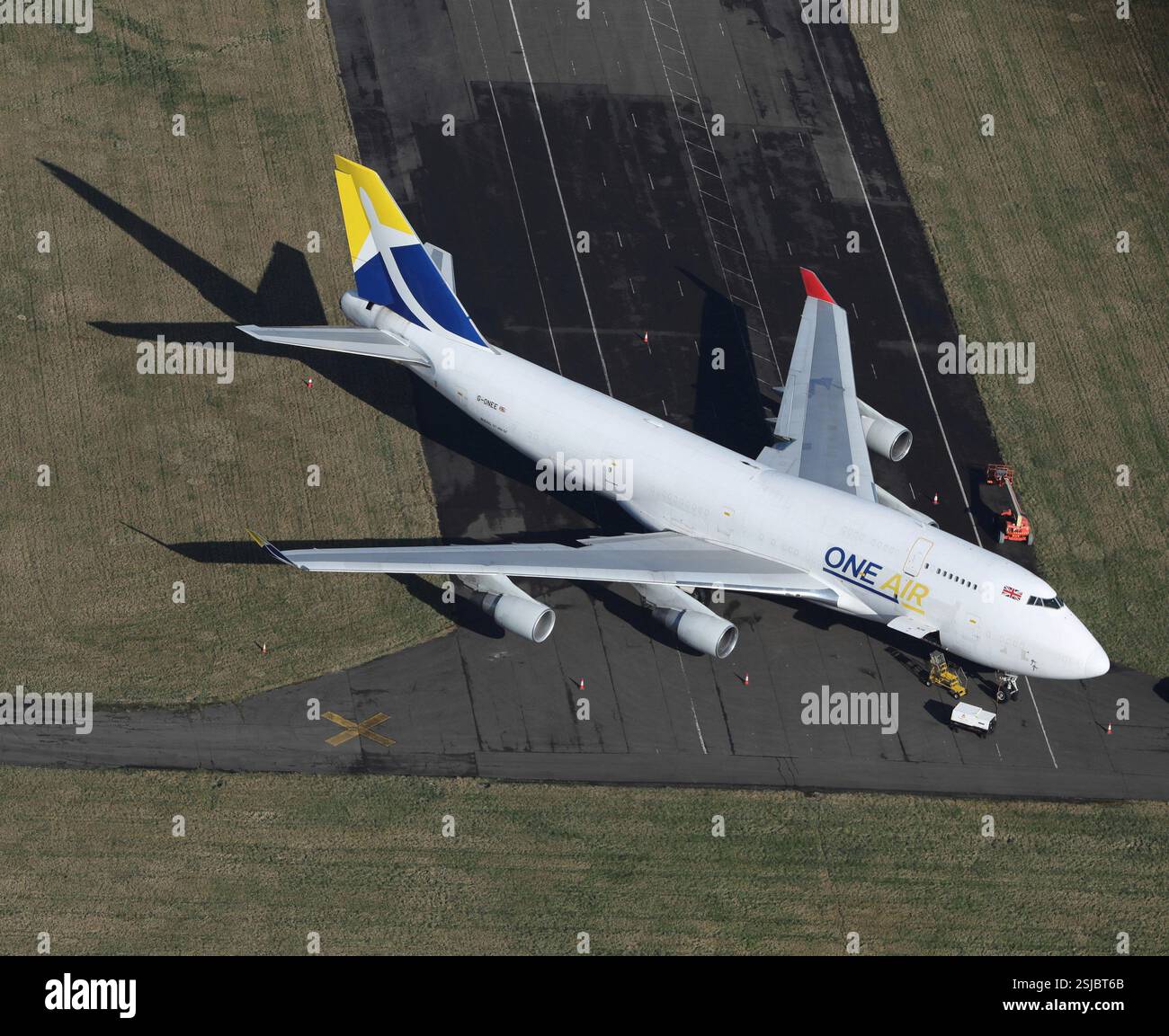 Aerial photograph of one of the ONE AIR Boeing 747 cargo aircraft seen ...