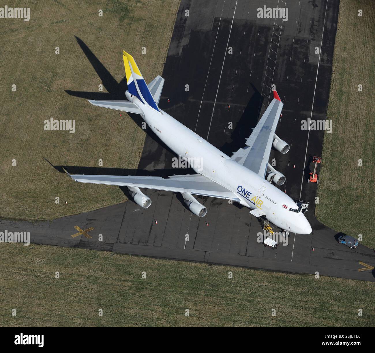 Aerial photograph of one of the ONE AIR Boeing 747 cargo aircraft seen ...
