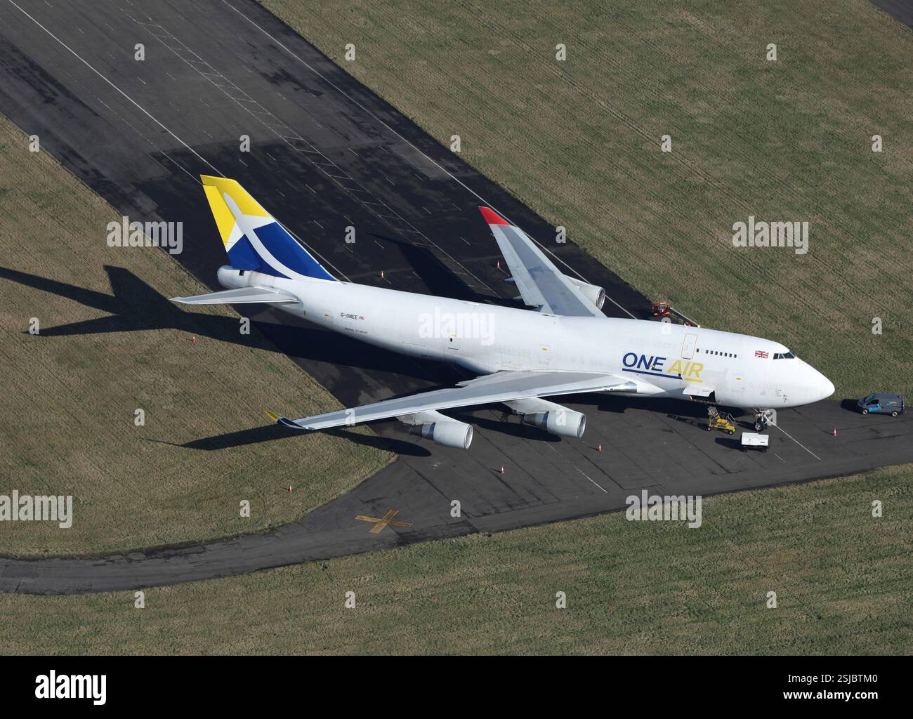 Aerial photograph of one of the ONE AIR Boeing 747 cargo aircraft seen ...