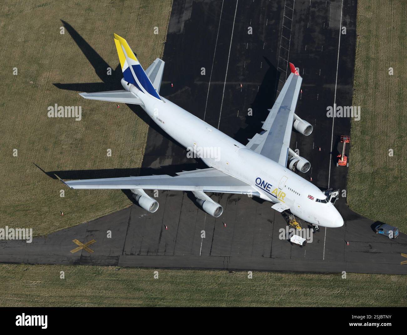 Aerial photograph of one of the ONE AIR Boeing 747 cargo aircraft seen ...