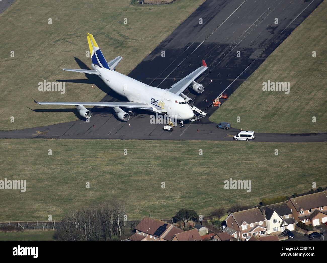 Aerial photograph of one of the ONE AIR Boeing 747 cargo aircraft seen ...