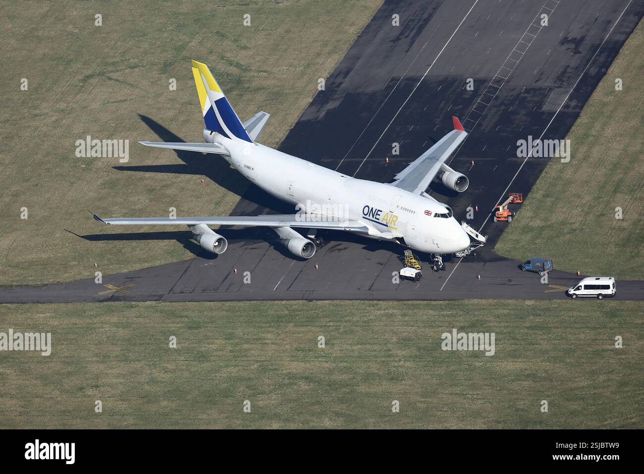 Aerial photograph of one of the ONE AIR Boeing 747 cargo aircraft seen ...
