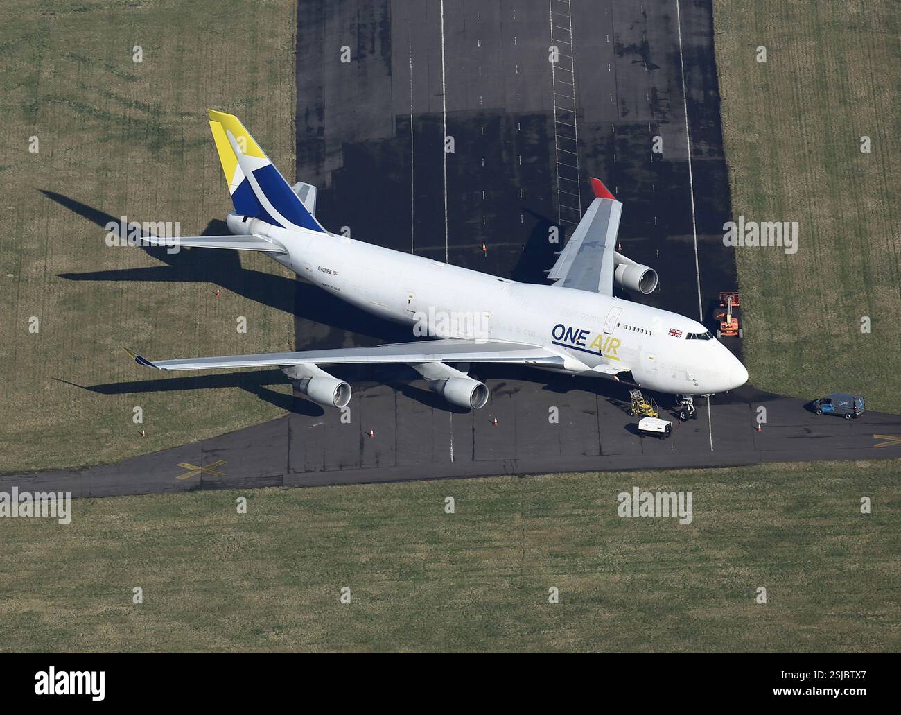 Aerial photograph of one of the ONE AIR Boeing 747 cargo aircraft seen ...