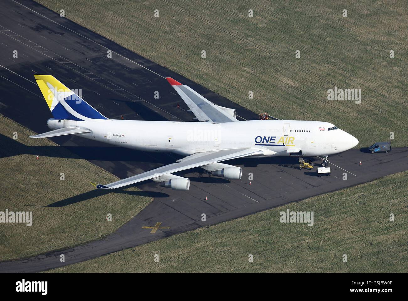 Aerial photograph of one of the ONE AIR Boeing 747 cargo aircraft seen ...