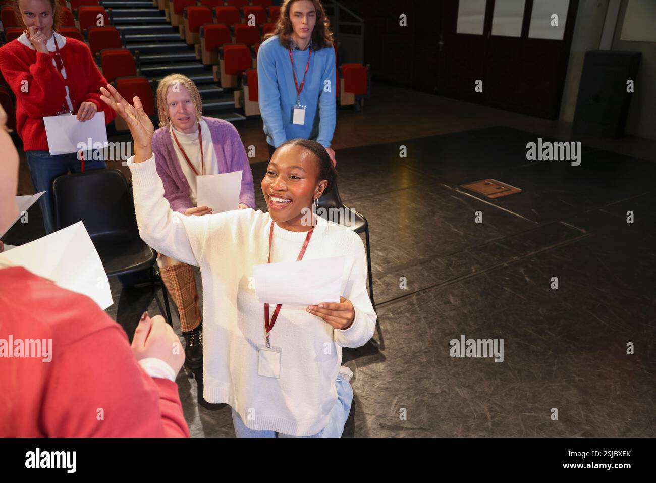 Group of disabled people on stage during rehearsal Stock Photo - Alamy