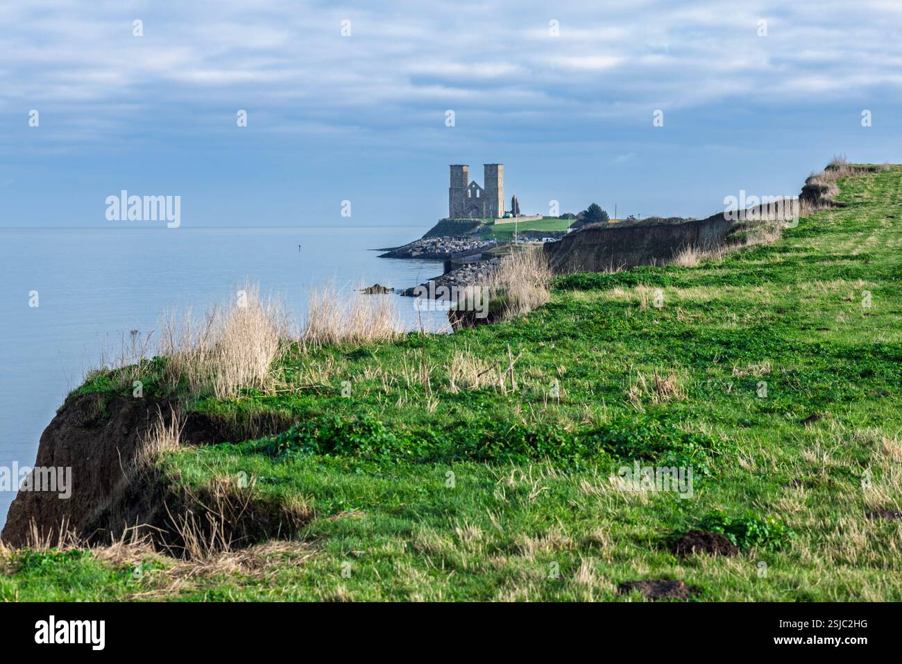 Reculver Towers near Herne Bay in Kent, England on a calm cold winters ...