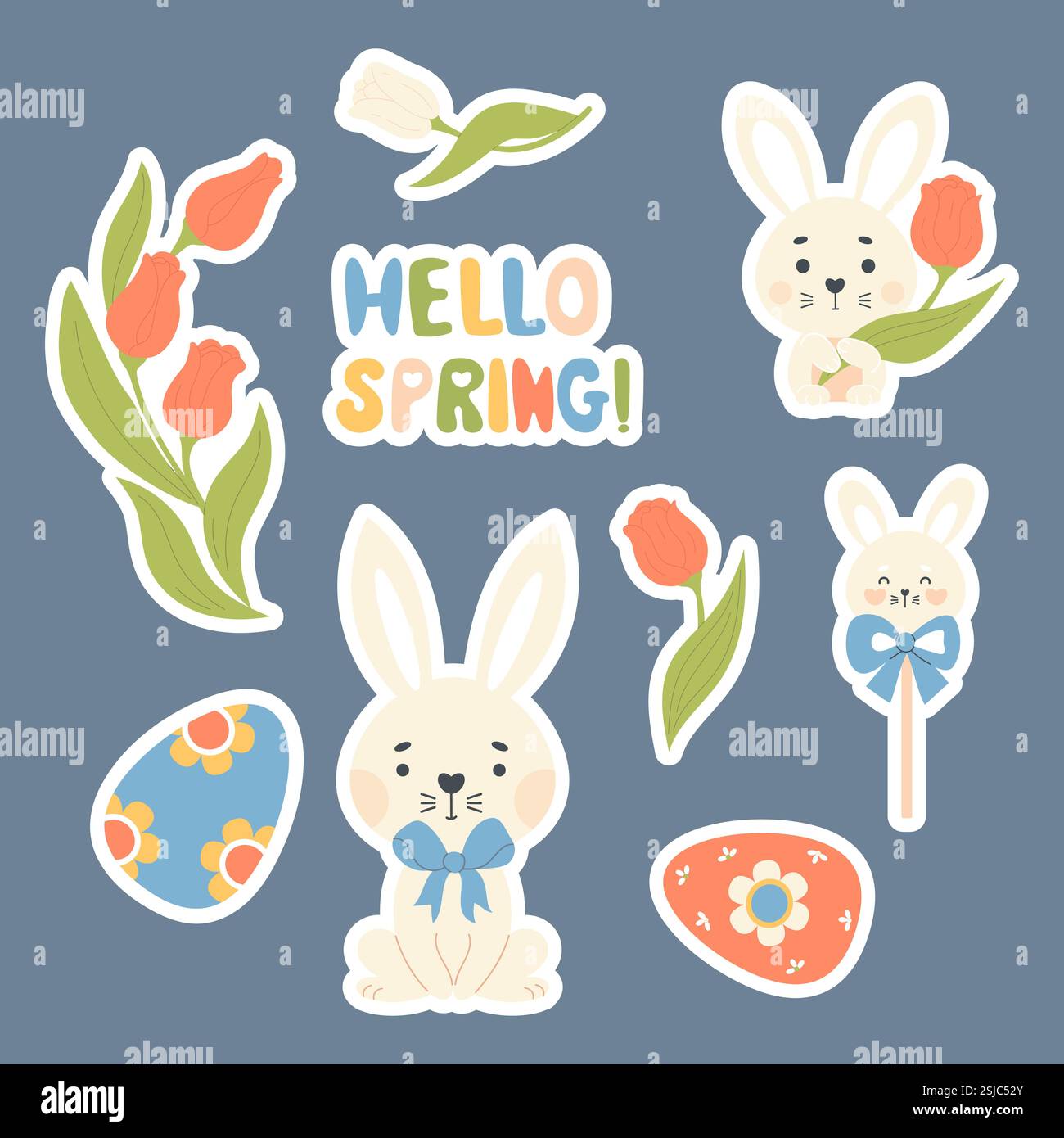 Cute Easter spring bunny stickers. Isolated funny rabbit animal with ...