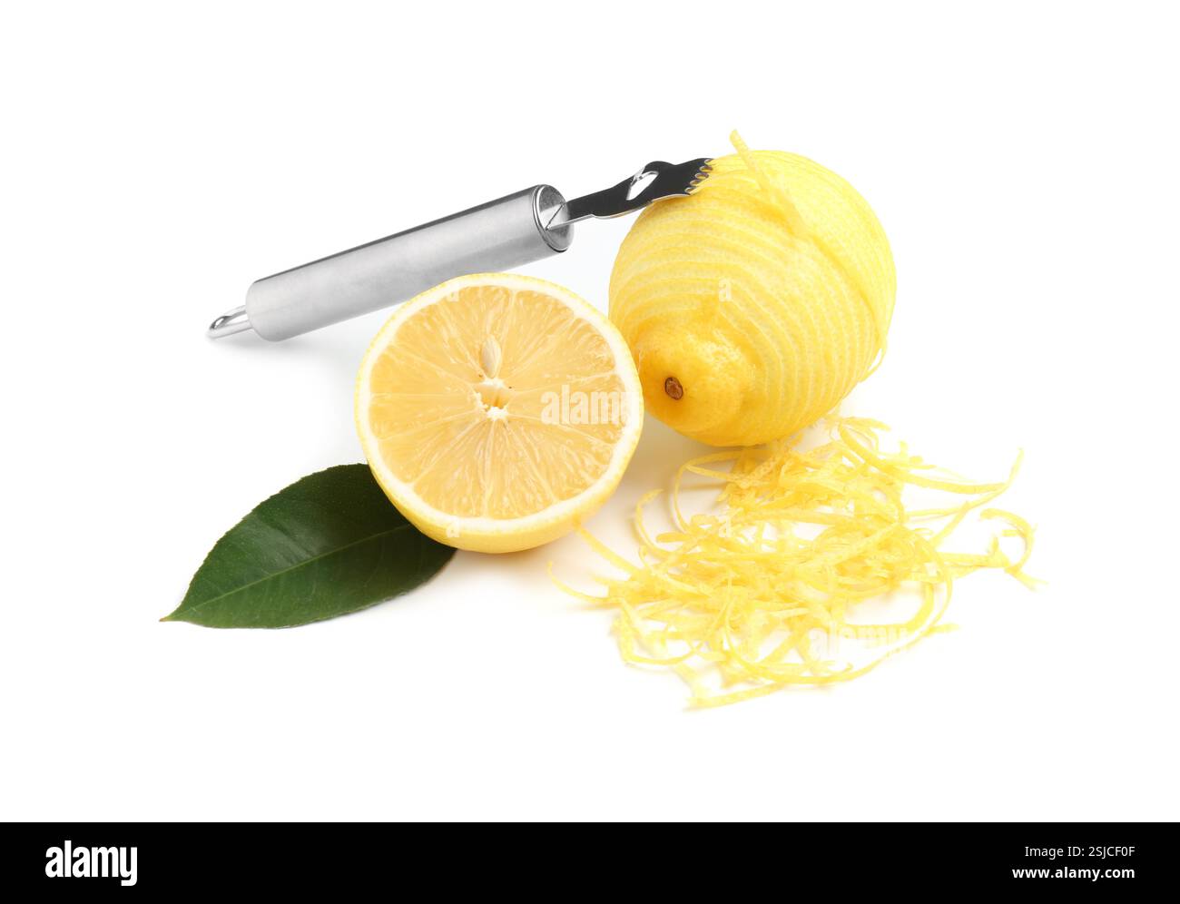 Lemon zest, fresh fruits and zester tool isolated on white Stock Photo ...