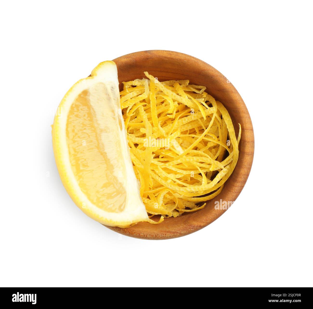 Fresh lemon zest and fruit slice isolated on white, top view Stock ...