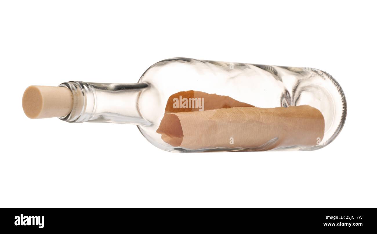 Corked glass bottle with rolled letter isolated on white Stock Photo ...