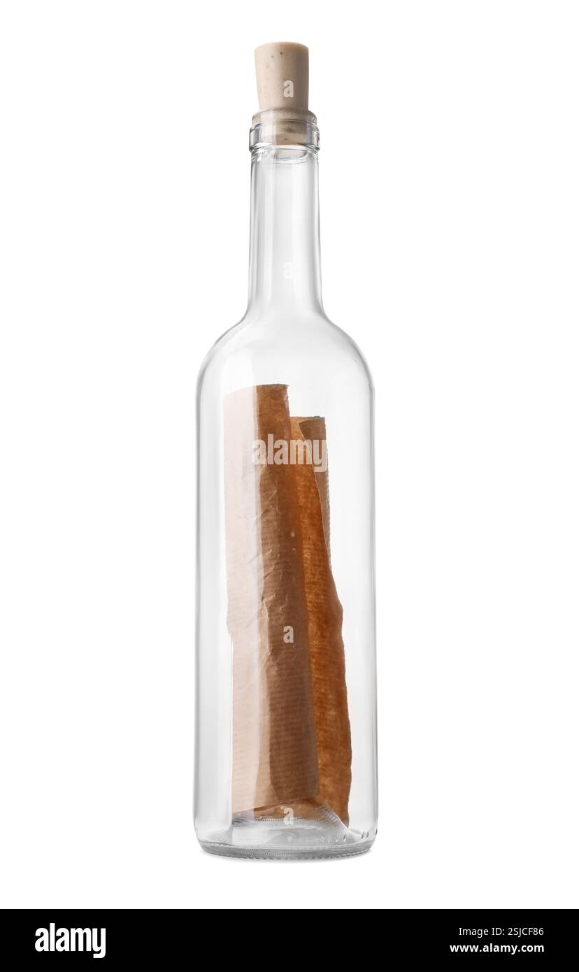 Corked glass bottle with rolled letter isolated on white Stock Photo ...