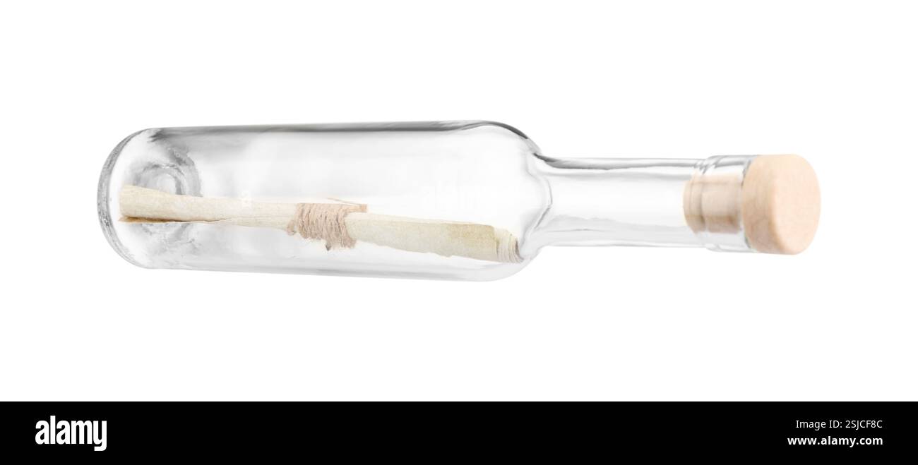 Corked glass bottle with rolled letter isolated on white Stock Photo ...