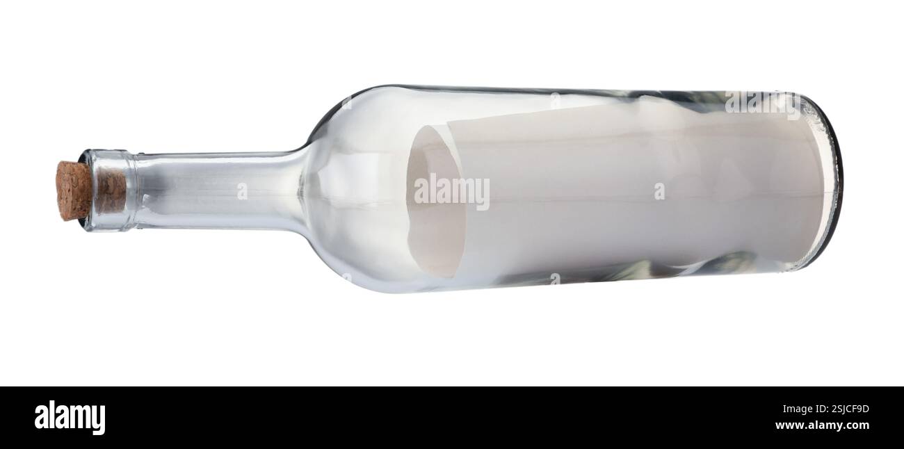 Rolled letter in corked glass bottle isolated on white Stock Photo - Alamy