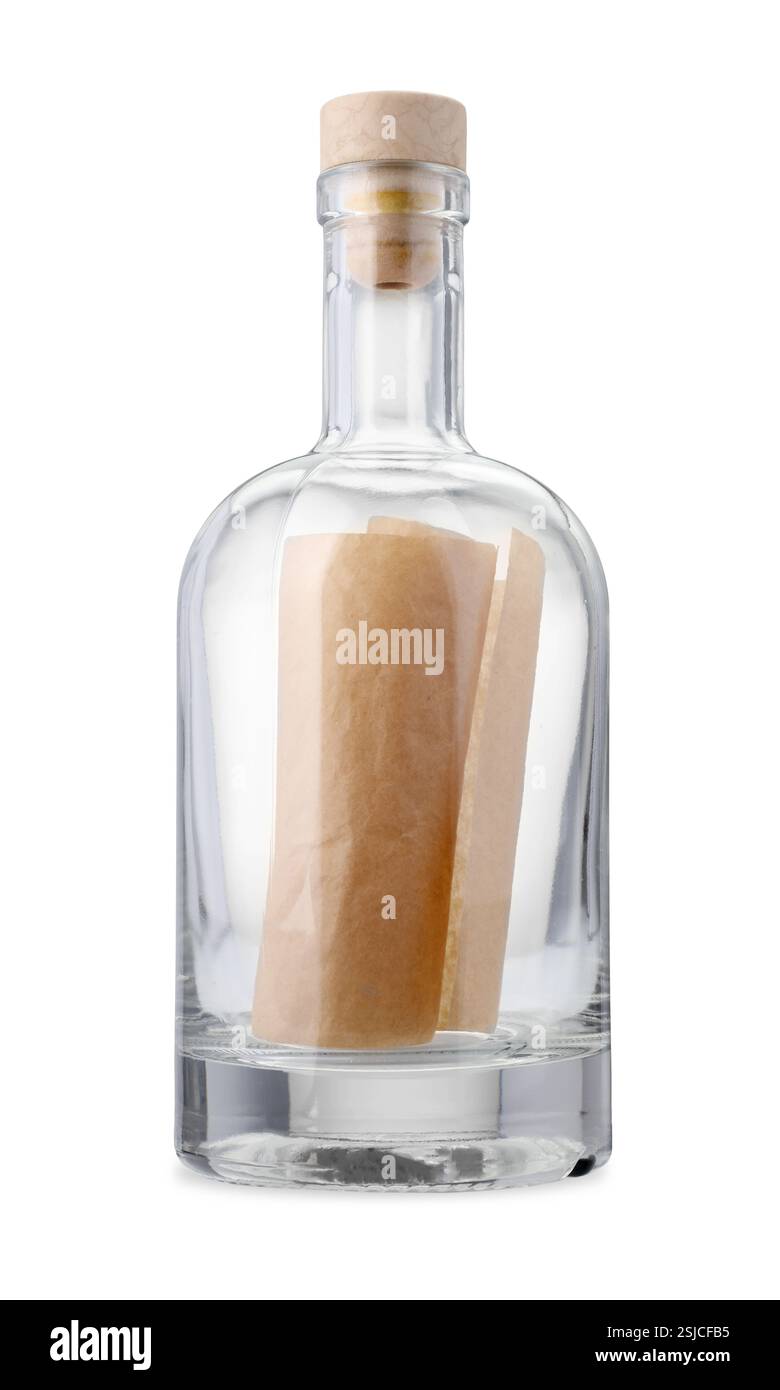 Corked glass bottle with rolled letter isolated on white Stock Photo ...