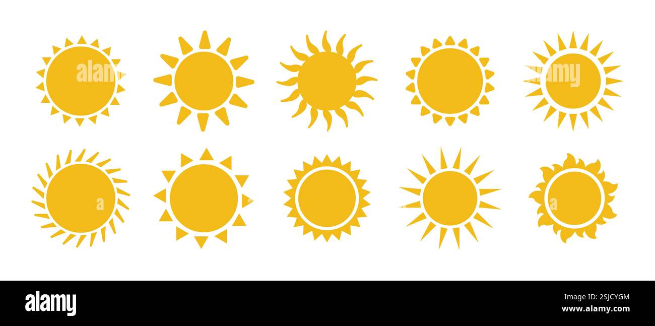 Set of sun icon in silhouette design.Solar isolated icon, sunshine ...