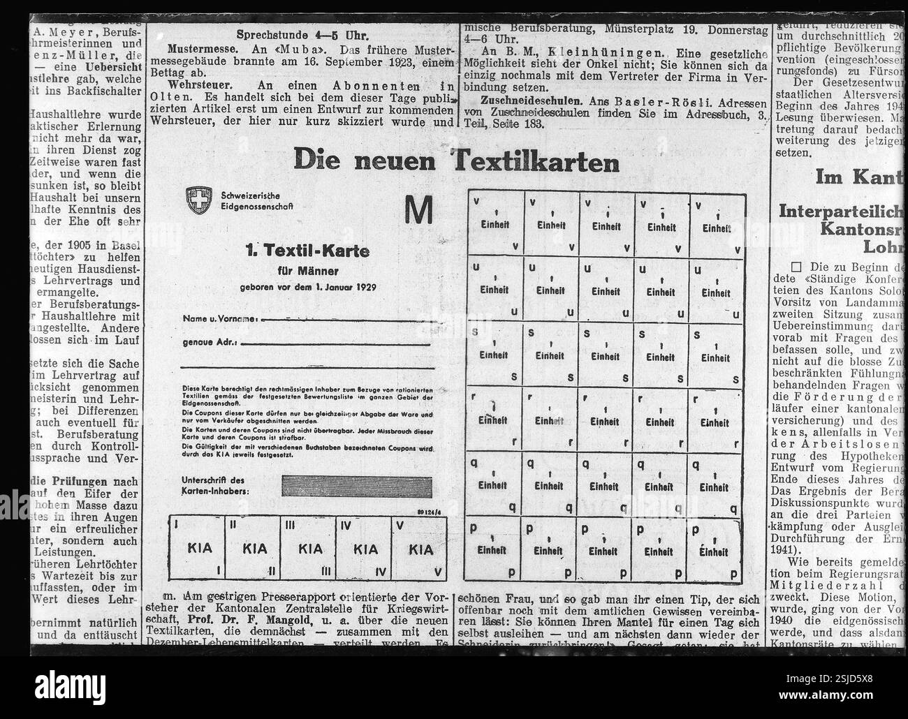 Textilkarte für Männer, Coupons; 1940#Textile ration card for men ...