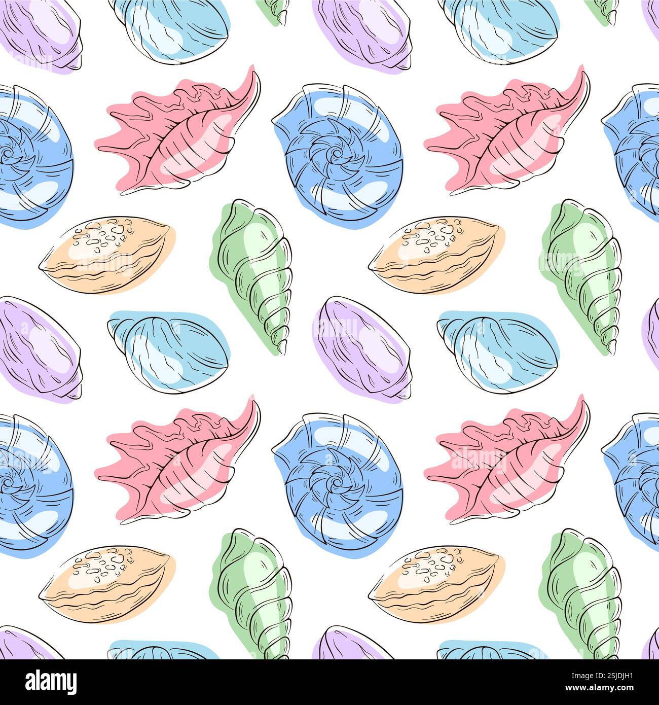 Seamless seashell pattern in flat style. Hand drawn summer sea themed ...
