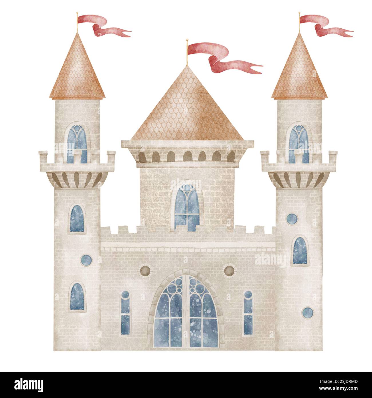 Watercolor illustration of Castle with Towers, flags, and stone walls ...