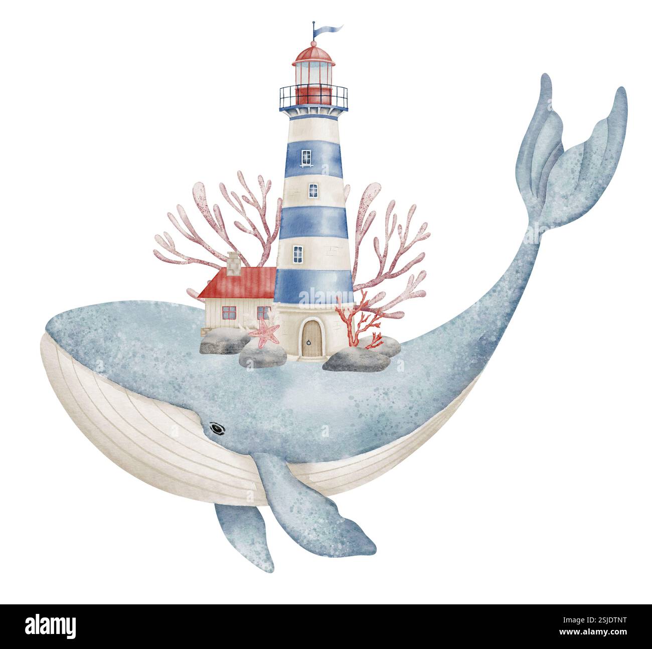 Watercolor illustration of Whale carrying a whimsical Lighthouse on its ...