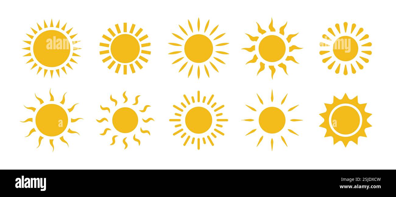 Set of sun icon in silhouette design.Solar isolated icon, sunshine ...