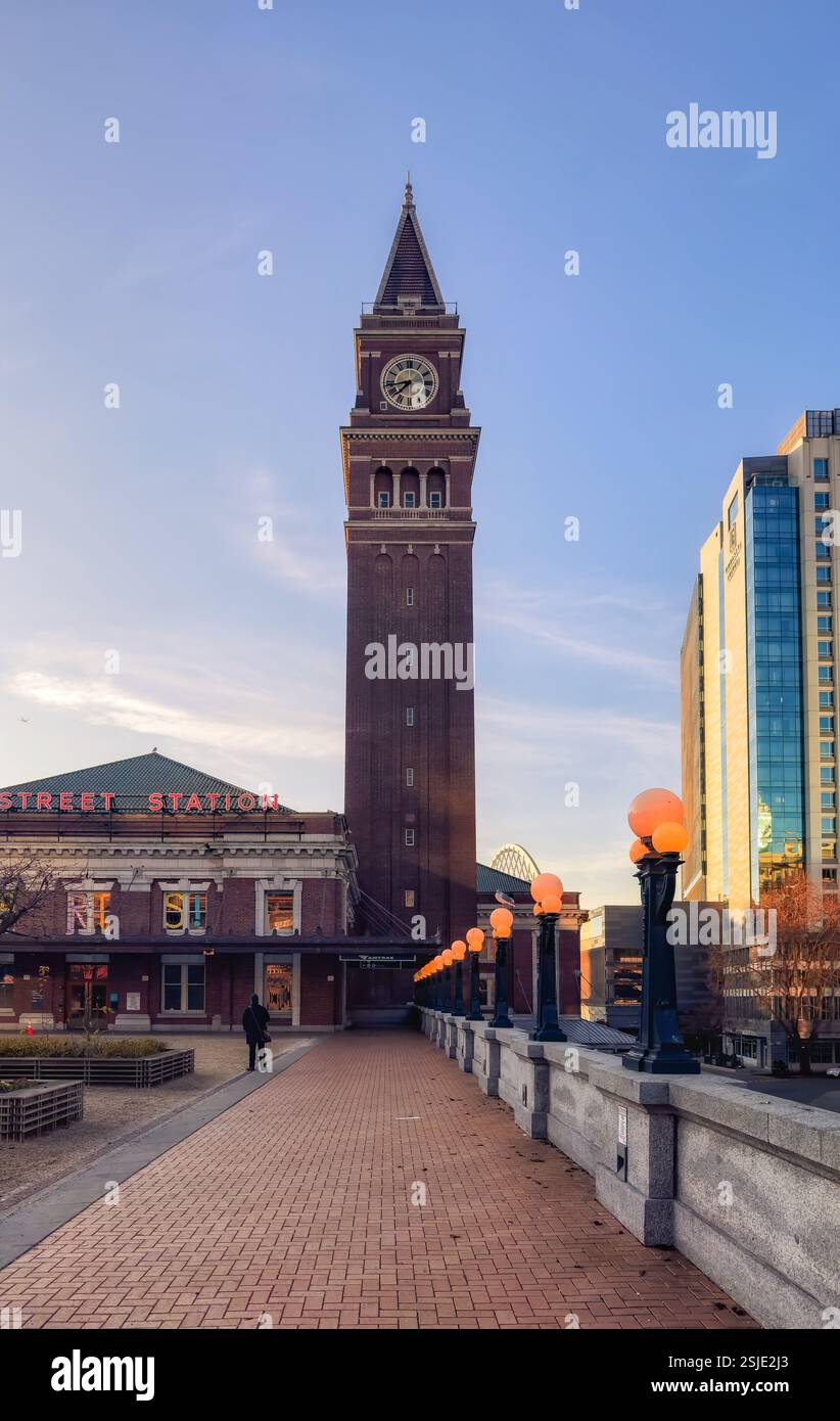 A brick train station at King Street in Seattle, Washington, with a ...