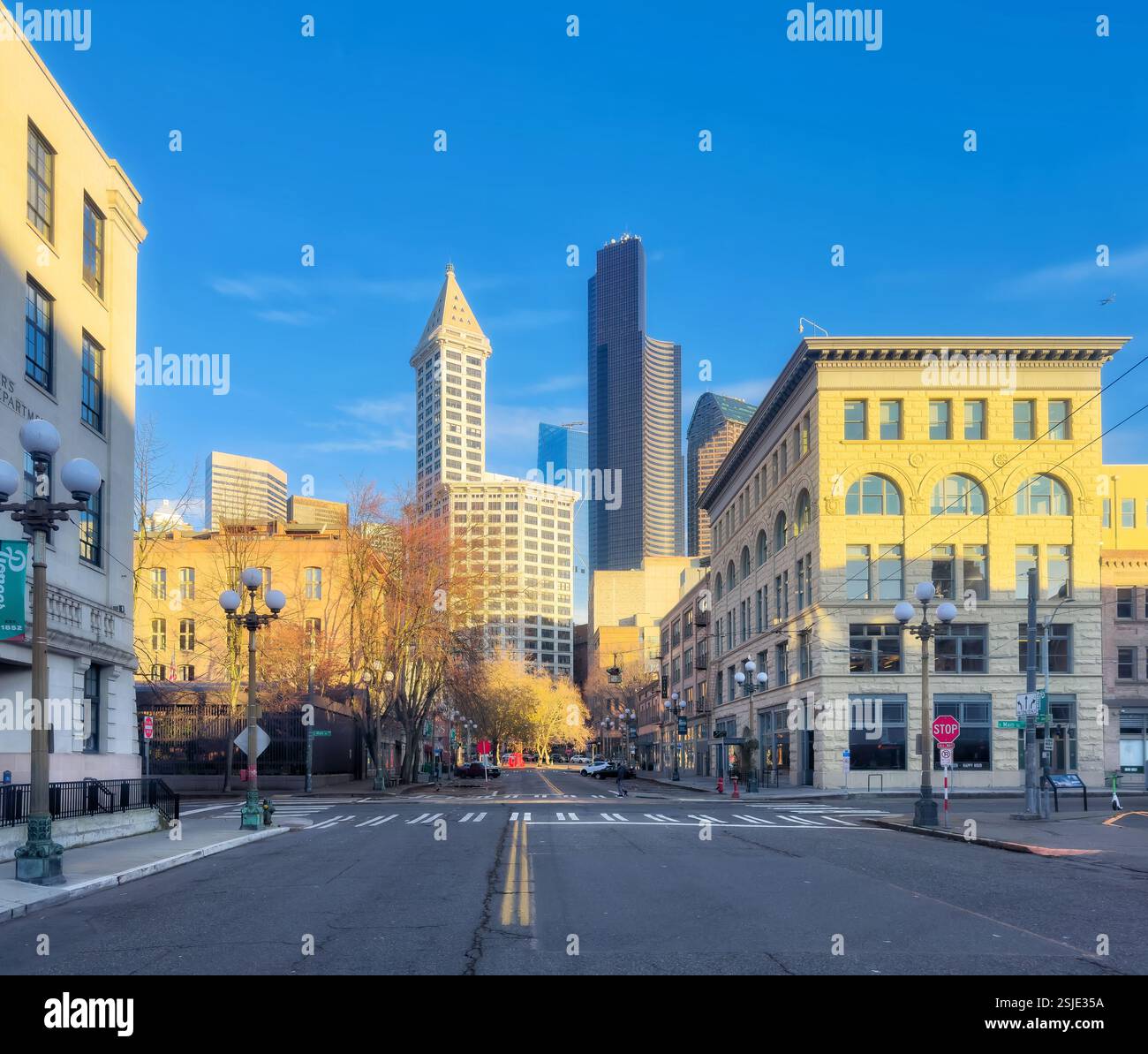 A wide-angle shot captures a street scene in downtown Seattle ...