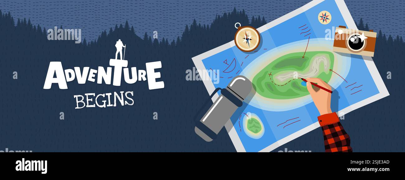 Dynamic illustration of hiker studying map against mountain backdrop ...