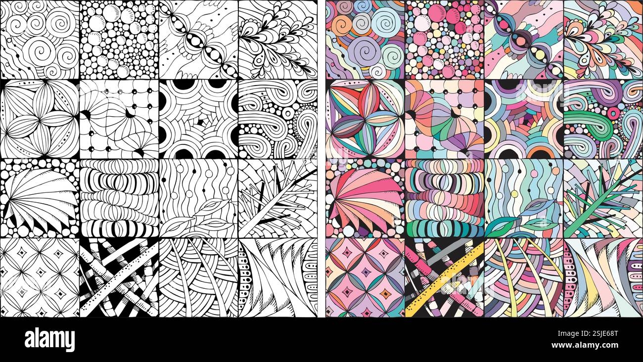 Decorative textures. various patterns 16 pieces. Color and outline set ...
