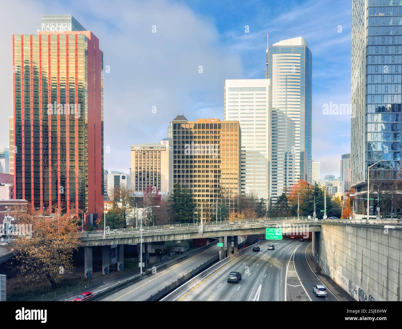 View of highways running through Seattle, and tall skyscrapers dominate ...