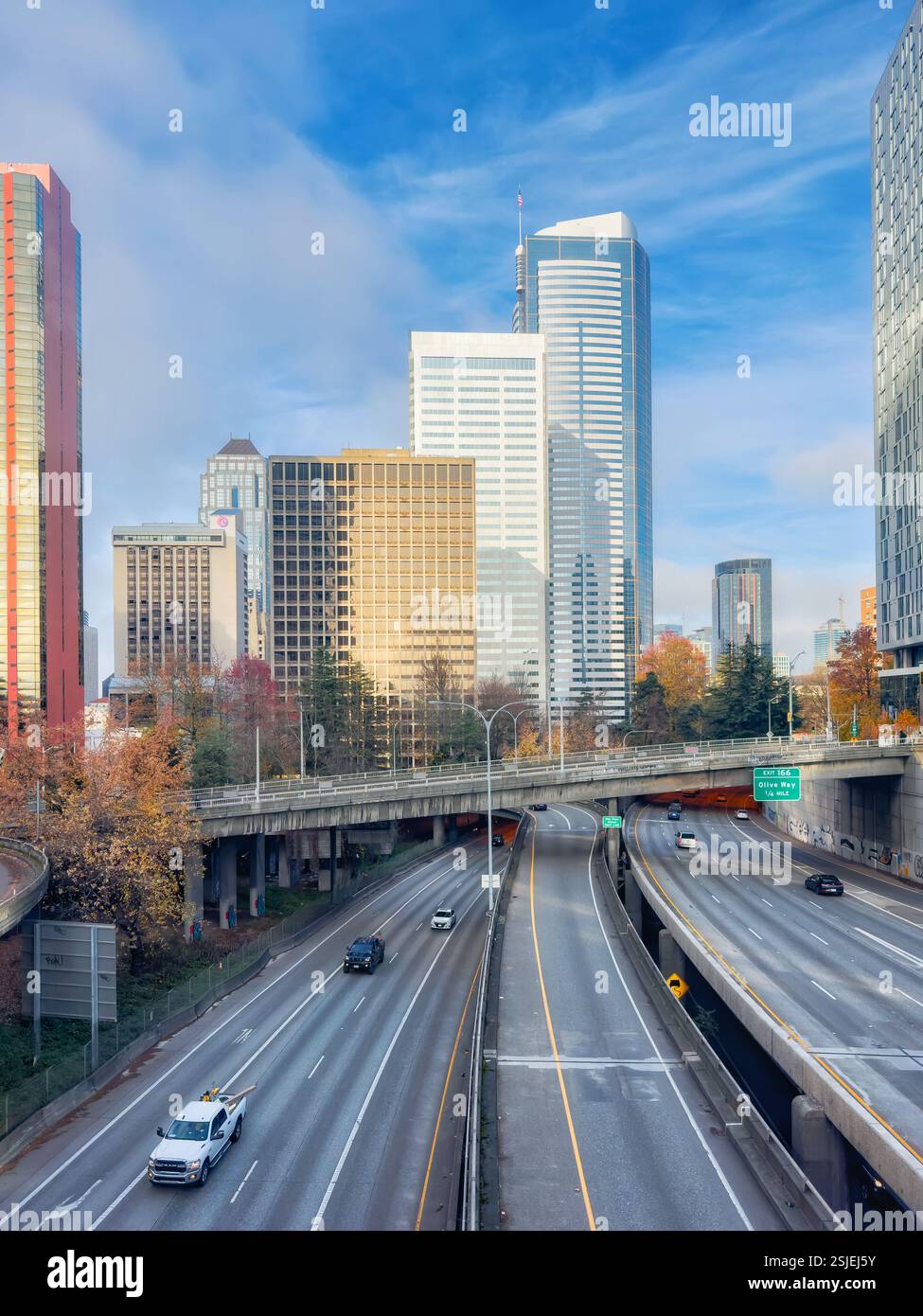 View of highways running through Seattle, and tall skyscrapers dominate ...