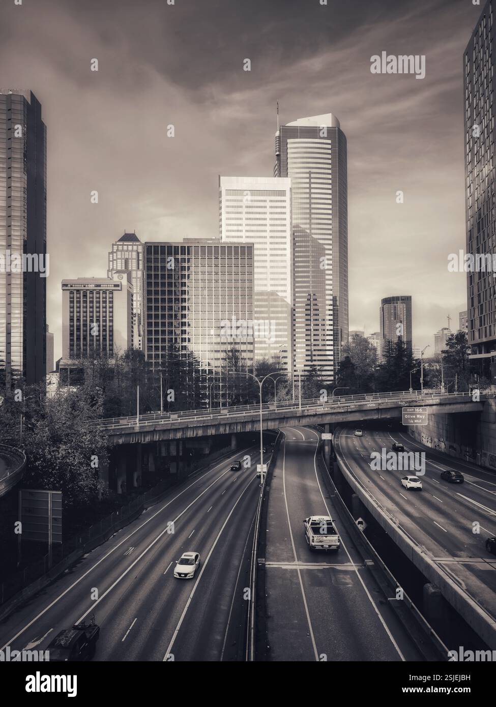 View of highways running through Seattle, and tall skyscrapers dominate ...