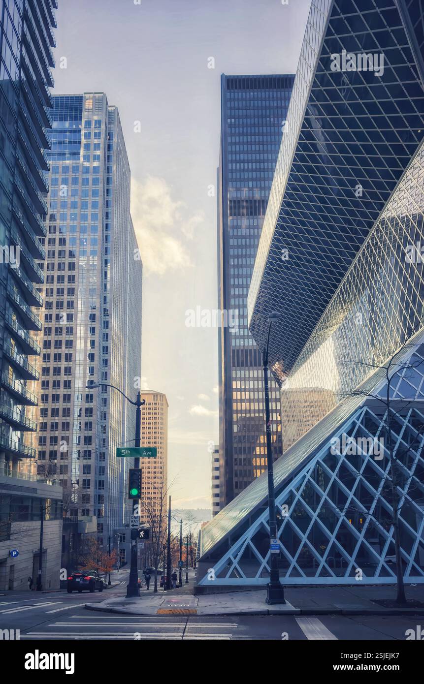 The image captures a Seattle street lined with tall skyscrapers, their ...