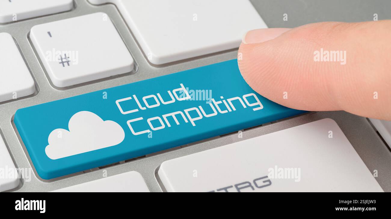 Keyboard with blue button - Cloud computing Stock Photo - Alamy