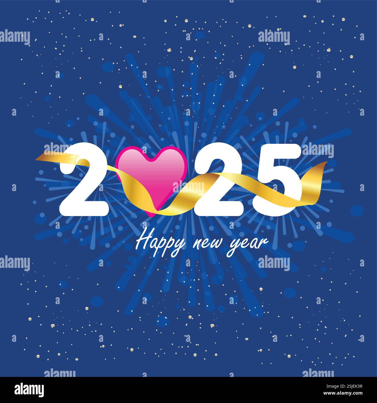 Happy New Year 2025 Greeting with Heart and Golden Ribbon Stock Vector ...