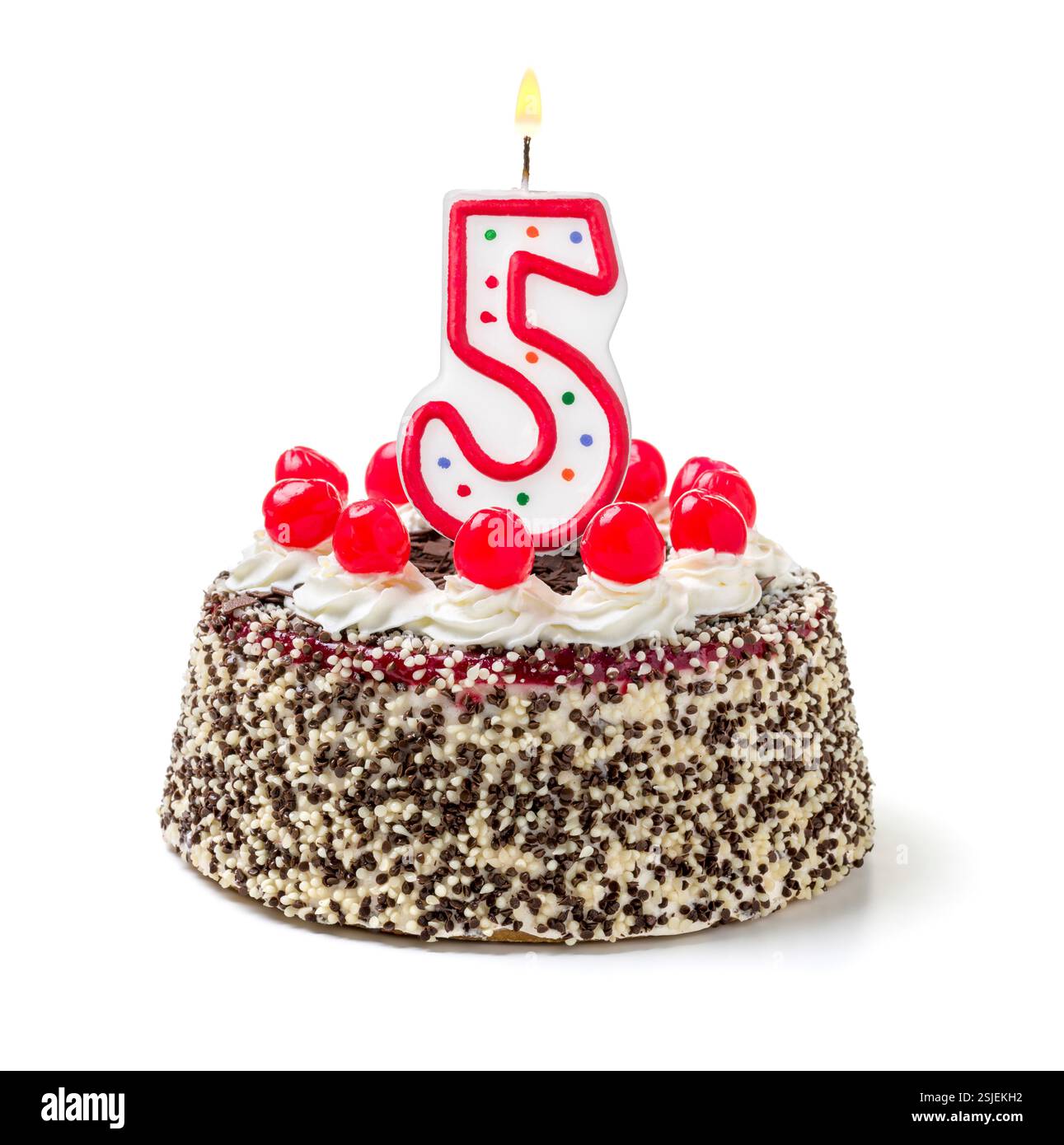 Birthday cake with burning candle number 5 Stock Photo - Alamy
