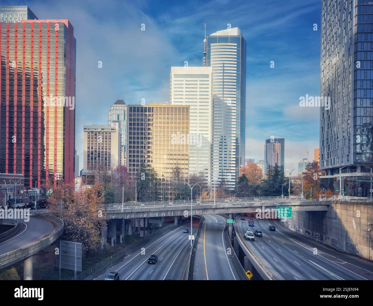 View of highways running through Seattle, and tall skyscrapers dominate ...