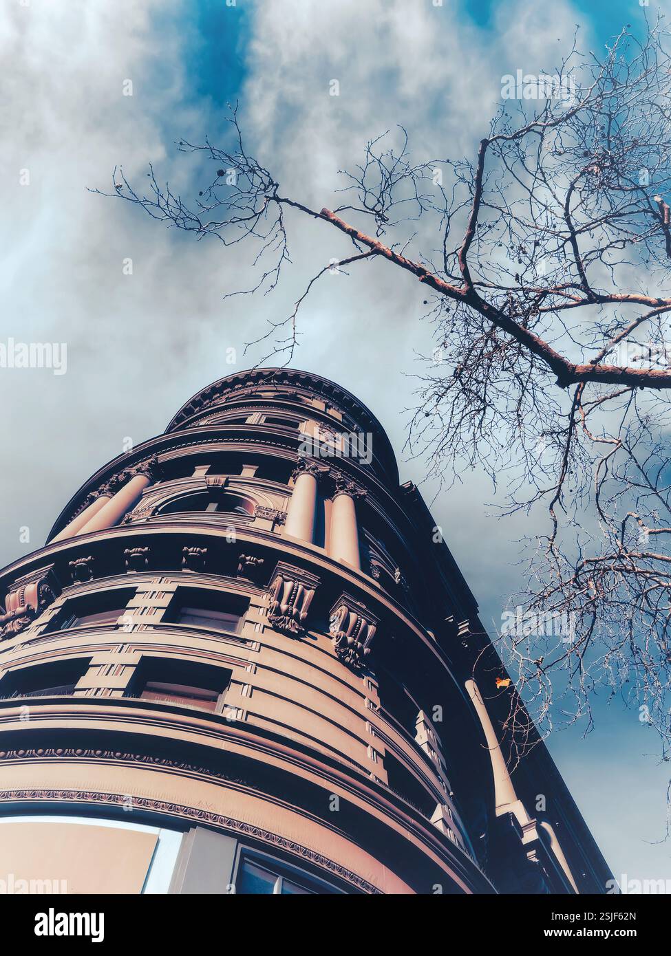 A low-angle shot captures the intricate details of a tall, rounded ...