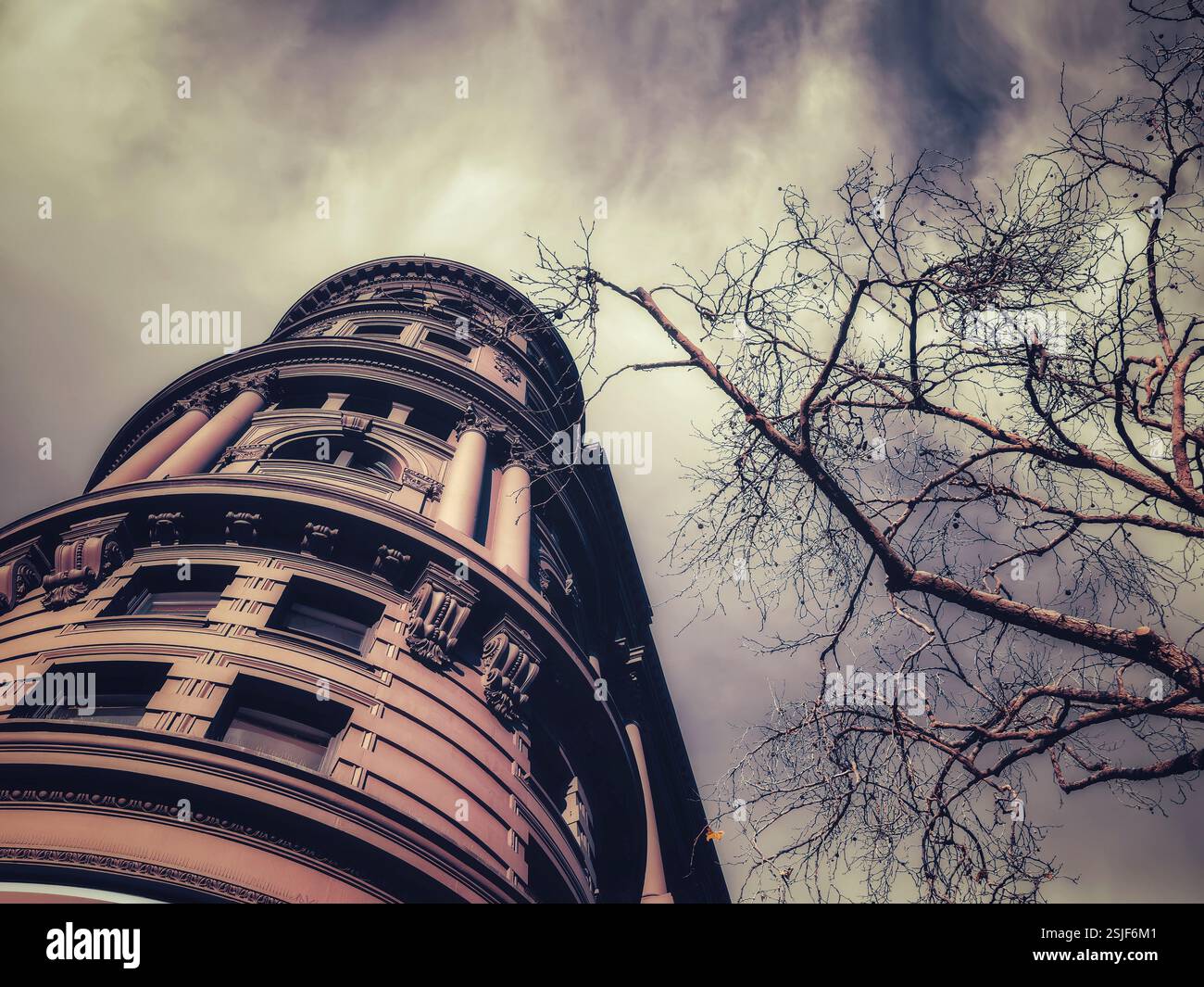 A low-angle shot captures the intricate details of a tall, rounded ...