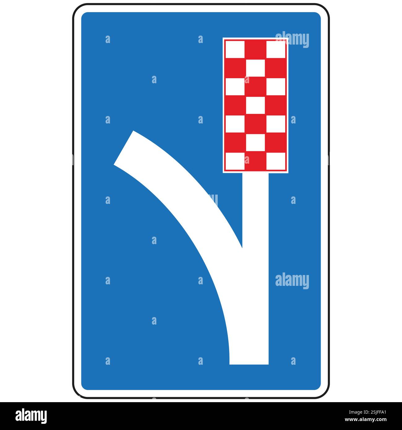 Blue road sign showing end of merging lane with red checkered pattern ...