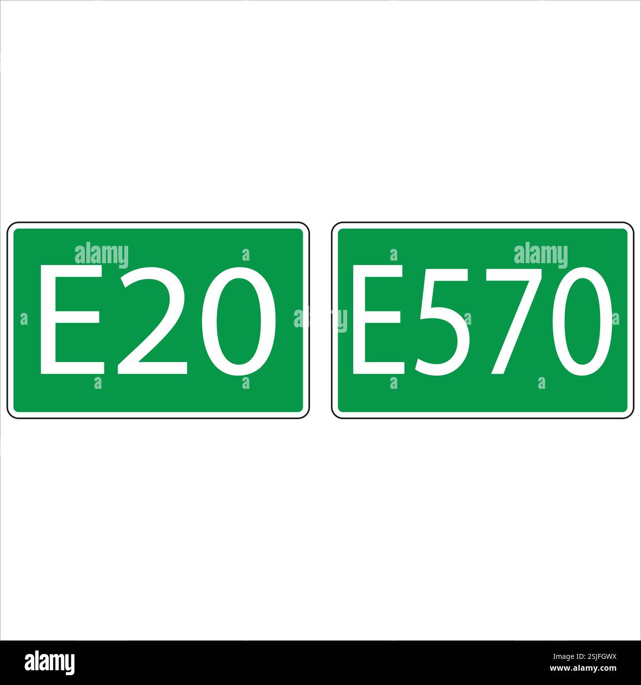 International e-road network route signs e20 and e570 indicating a road ...